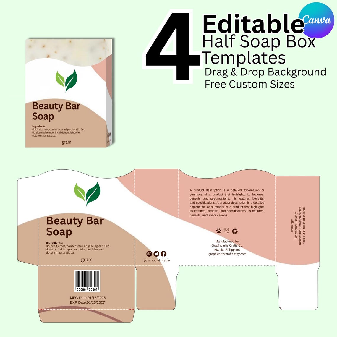 Editable Half Soap Box Template for Canva, Printable Half Soap ...