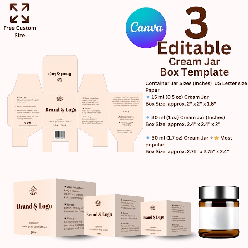 Editable Cosmetic Packaging Box Template for Canva, Custom Skincare ...