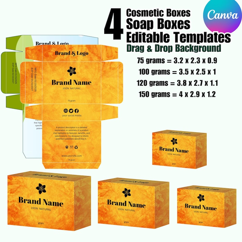 Cosmetic Box Template Canva Editable | Packaging Design Bundle ...