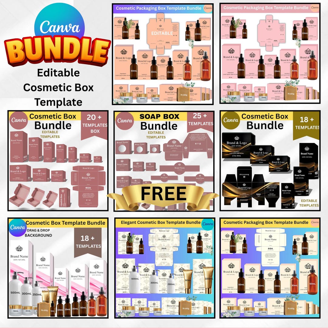 Cosmetic Packaging Box Template for Canva, Editable Skincare Box Template, Printable Cosmetic ...