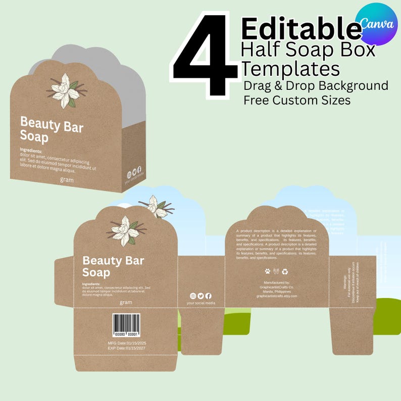 Editable Half Soap Box Template for Canva, Diy Handmade Half Soap Box ...