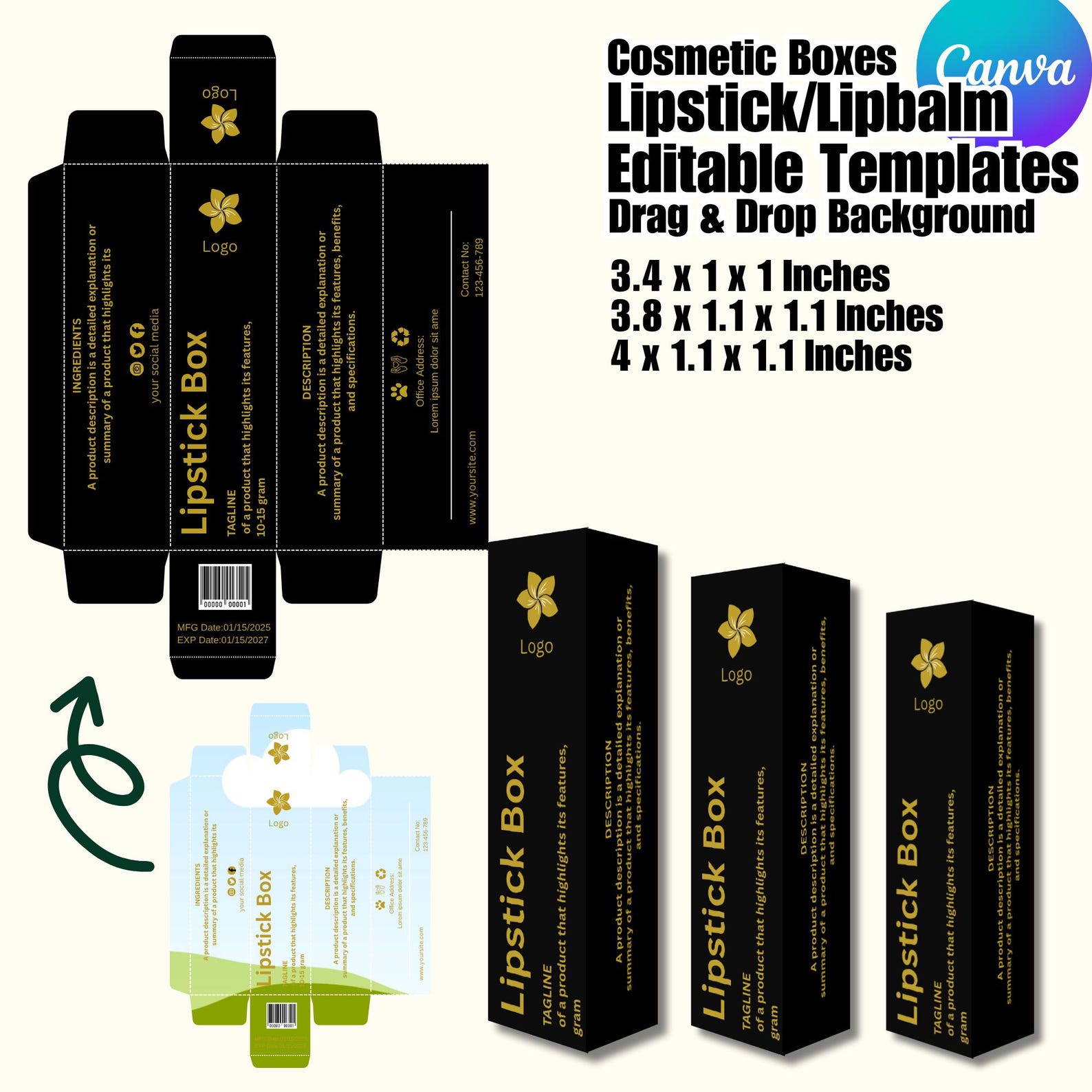 Editable Lipstick Packaging Box Template for Canva, Custom Lip Gloss ...