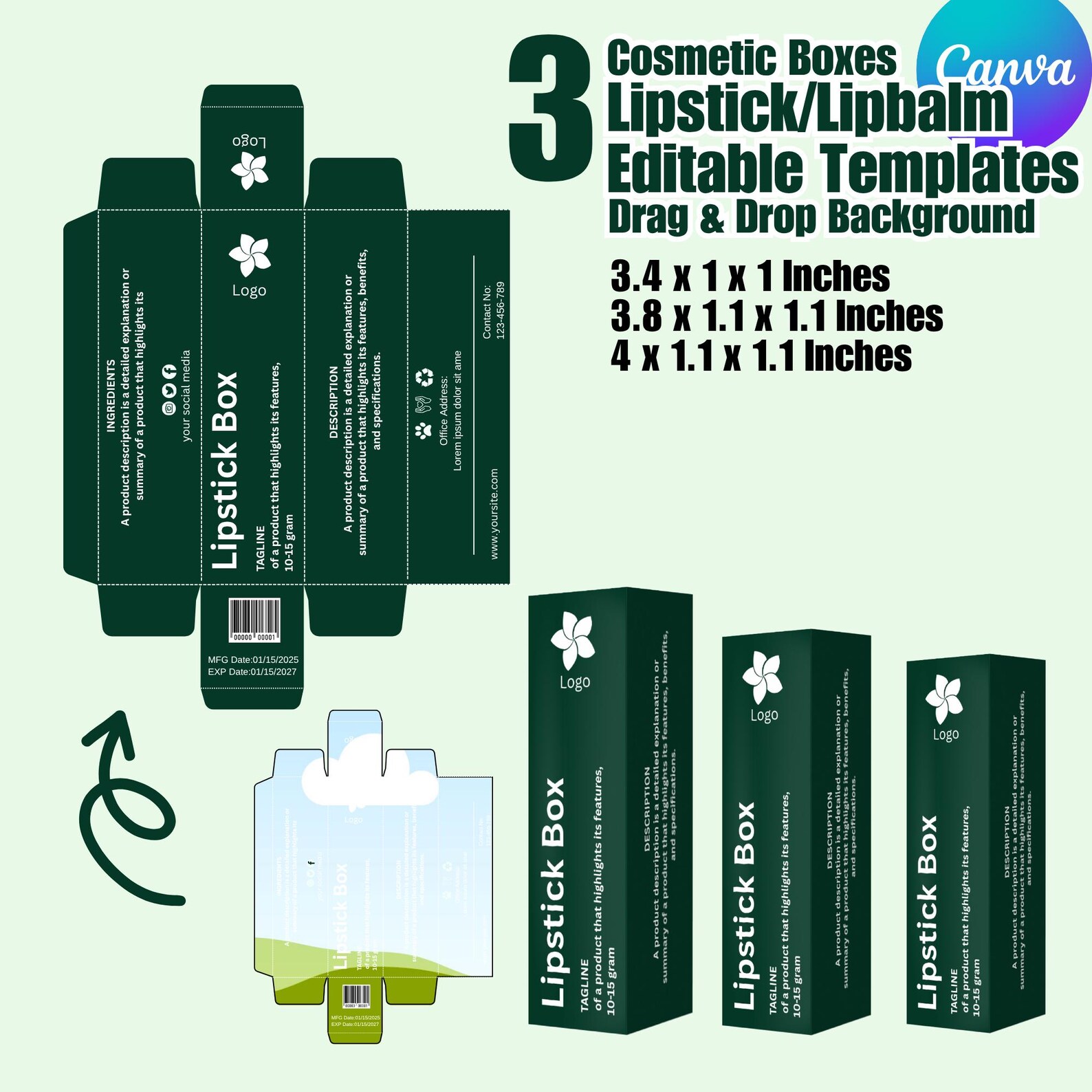 Editable Cosmetic Packaging Box Templates for Canva, Custom Beauty ...