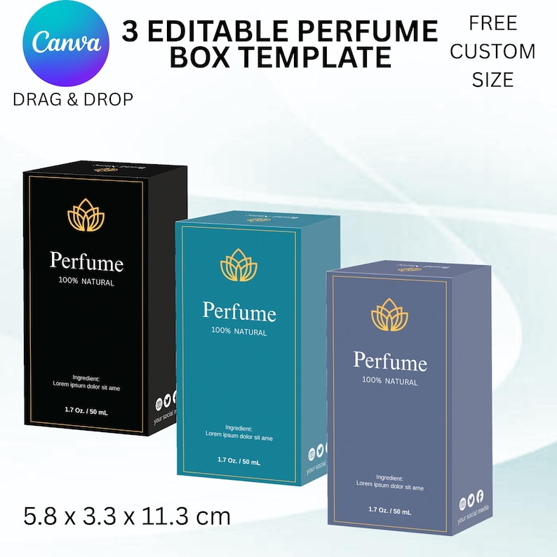3 Editable Perfume Box Template for Canva, Custom Business Branding Box ...