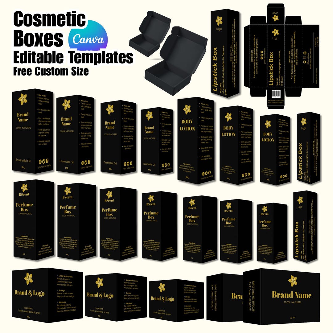 Editable Cosmetic Packaging Box Template for Canva, Custom Skincare ...