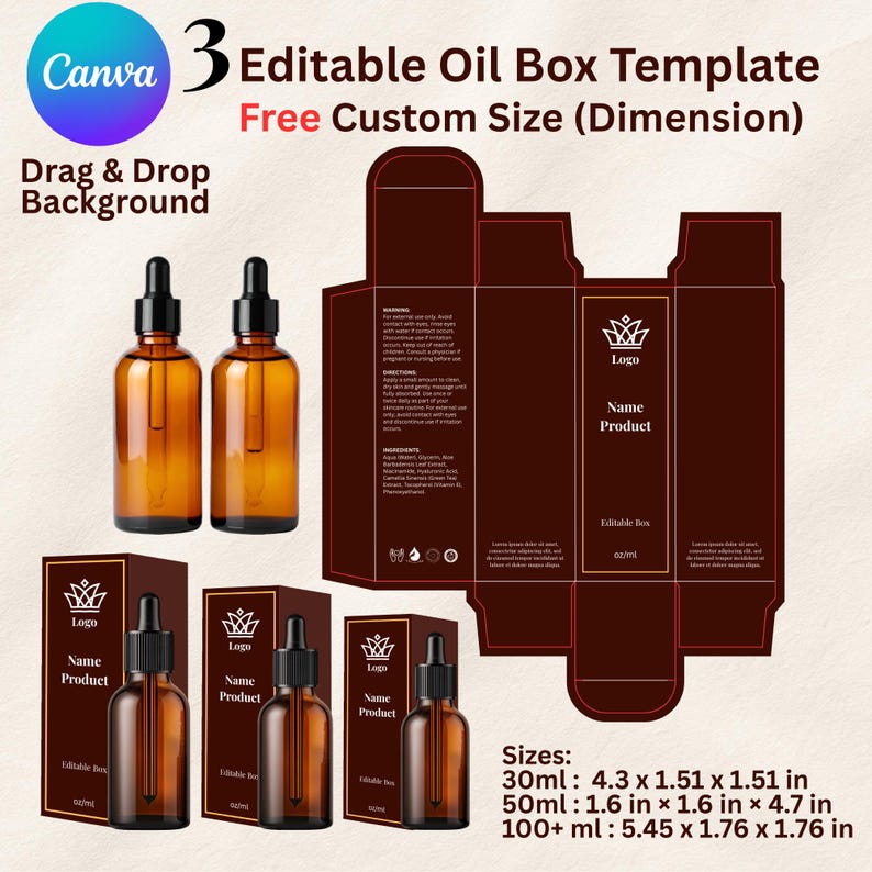Essential Oil Box Template for Canva, Editable Dropper Bottle Packaging ...