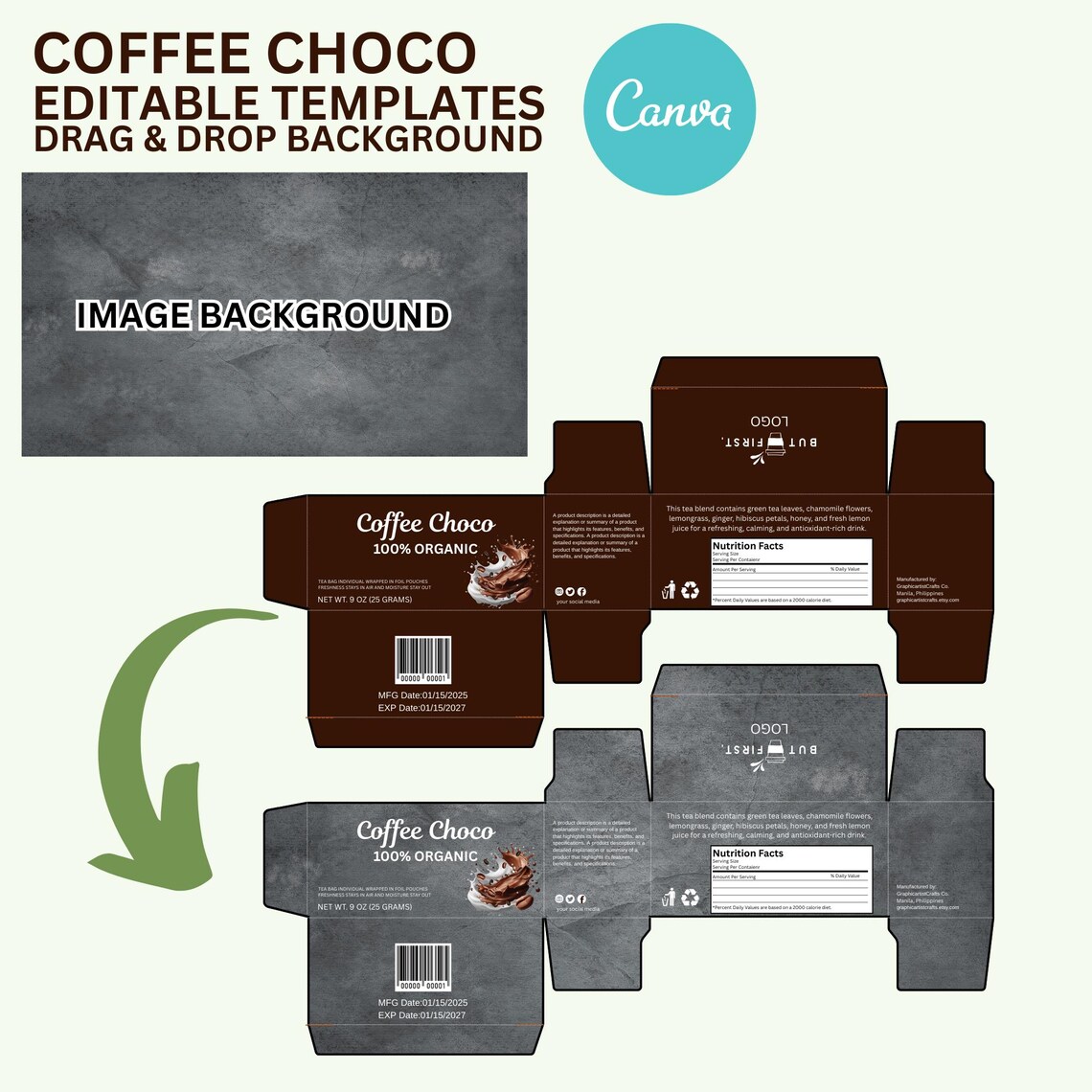 Editable Coffee Box Template Canva, Printable Product Packaging, Custom ...
