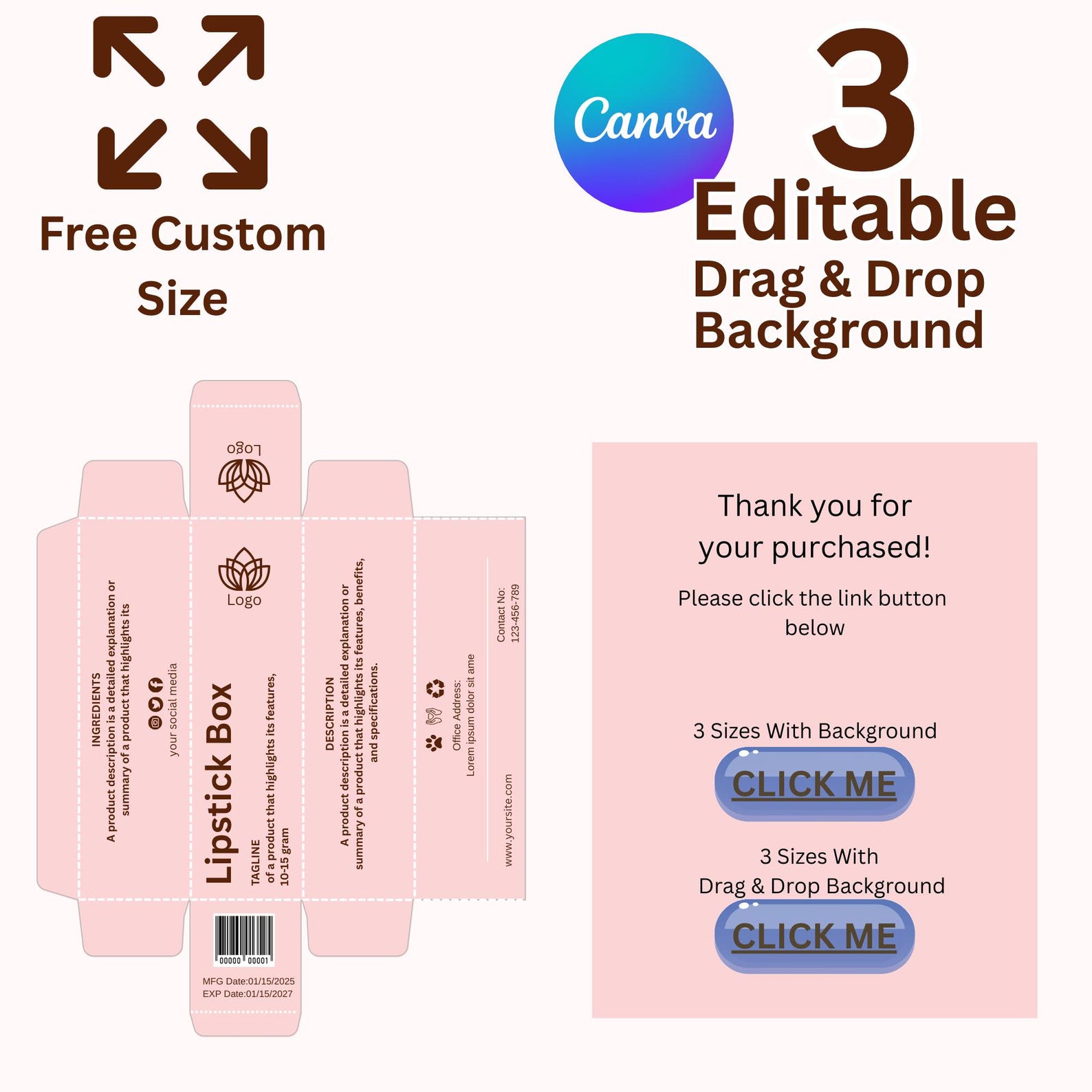 Editable Lipstick Packaging Box Template for Canva, Custom Lip Gloss ...