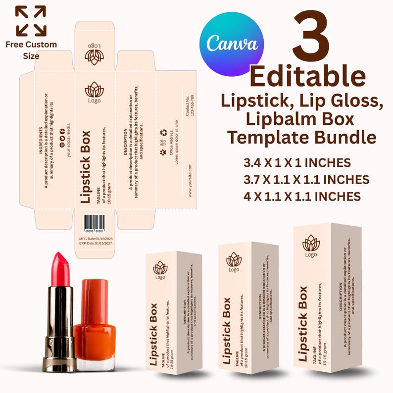 Editable Cosmetic Packaging Box Template for Canva, Custom Skincare ...