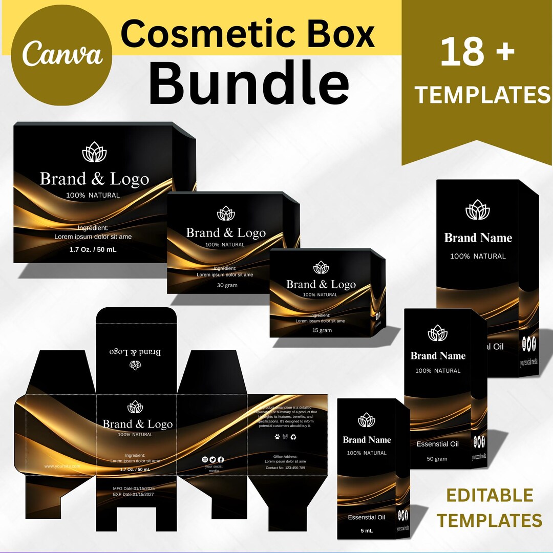 Cosmetic Packaging Box Template for Canva, Custom Beauty Product Box ...