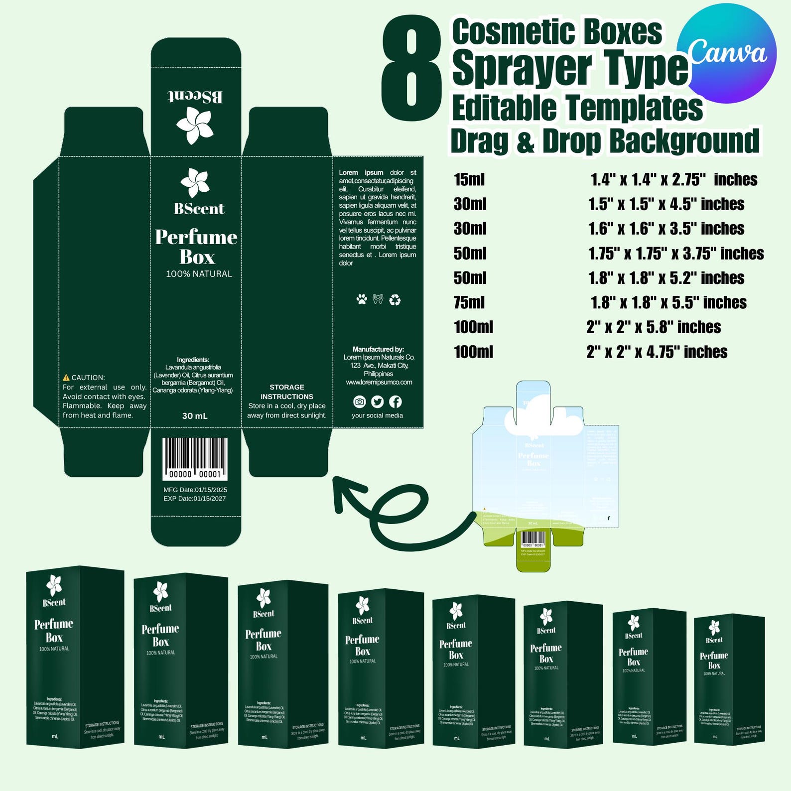 Editable Cosmetic Packaging Box Templates for Canva, Custom Beauty ...