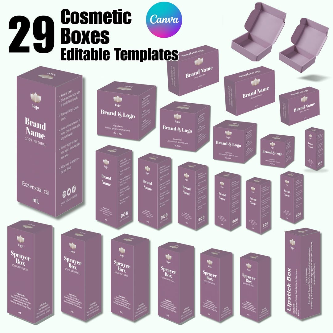 Editable Cosmetic Box Canva Templates for Product Packaging, Printable ...