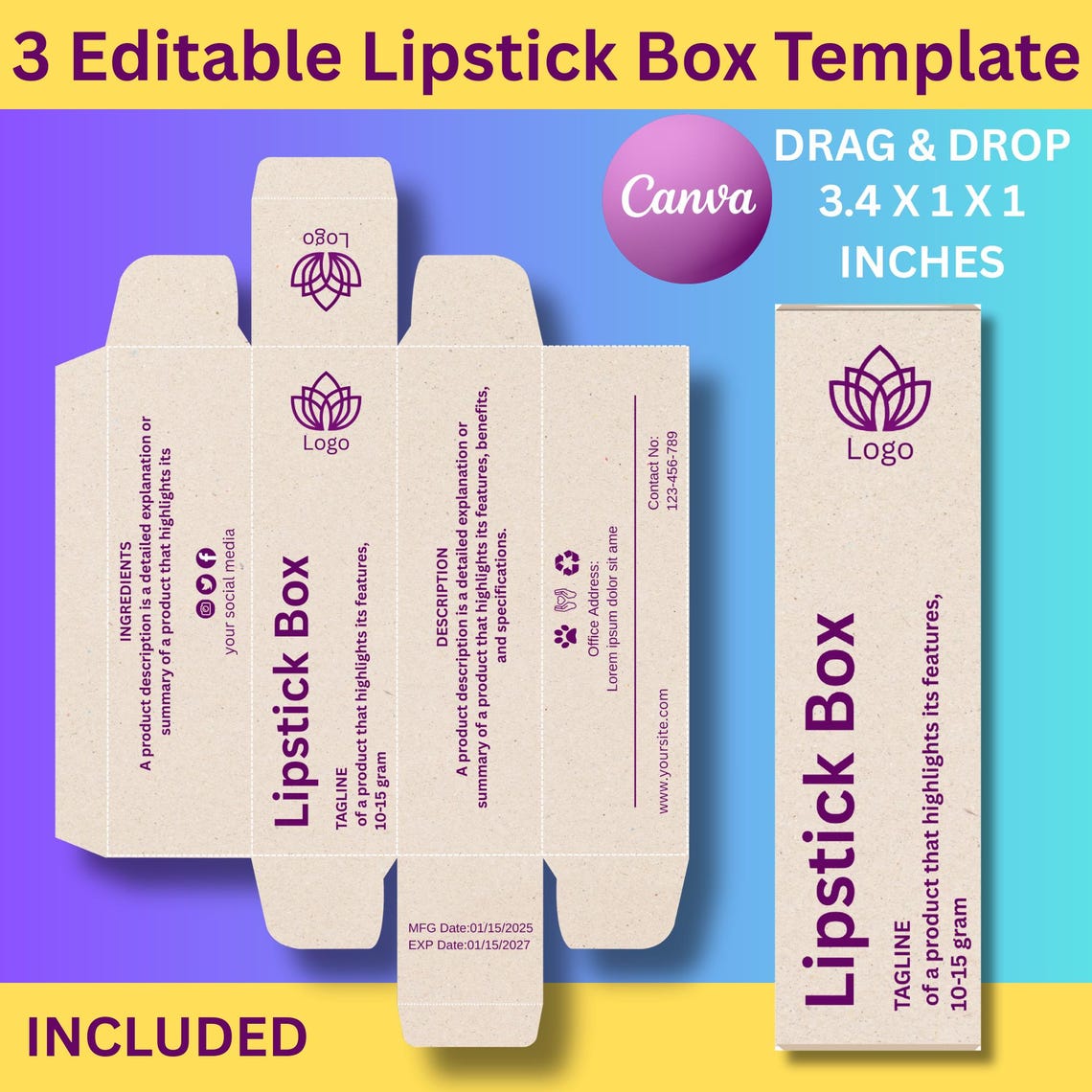 Editable Lipstick Box Template for Canva – Printable Custom Lipstick Packaging Design – DIY ...