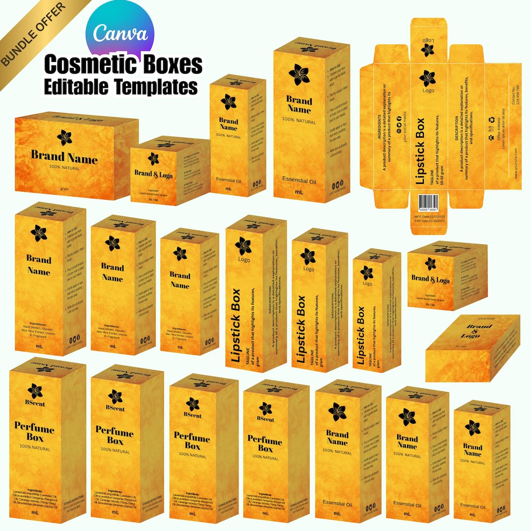 Cosmetic Box Template Canva Editable | Packaging Design Bundle ...