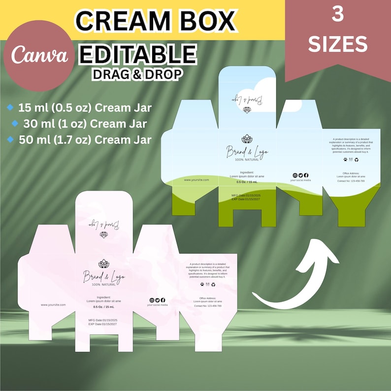 Skincare Cream Box Template for Canva, Editable Packaging Box Template ...
