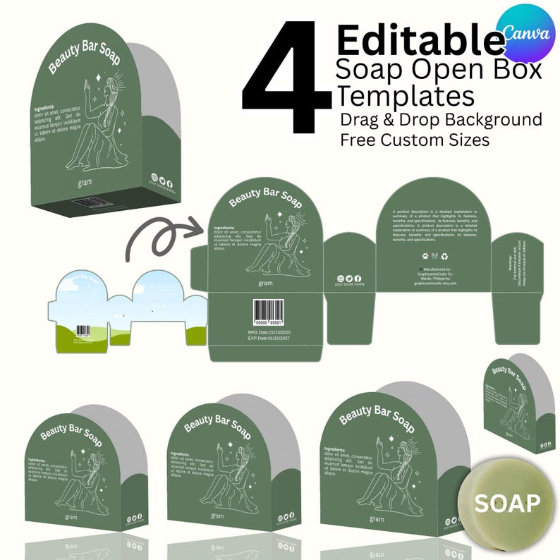 Editable Half Soap Box Template for Canva, Custom Soap Box Design, Printable Soap Open Box ...