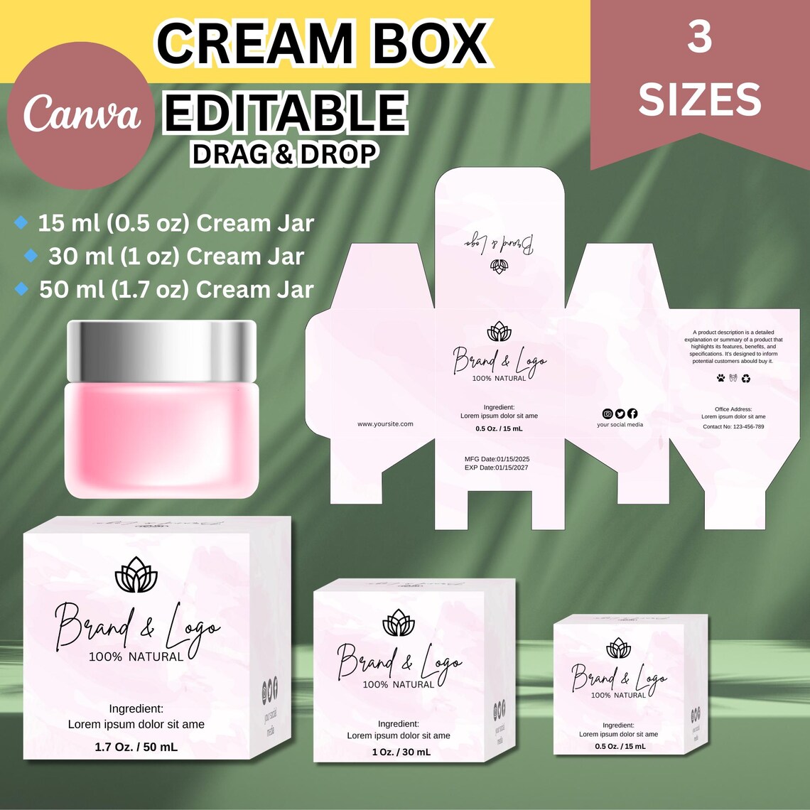 Skincare Cream Box Template for Canva, Editable Packaging Box Template ...