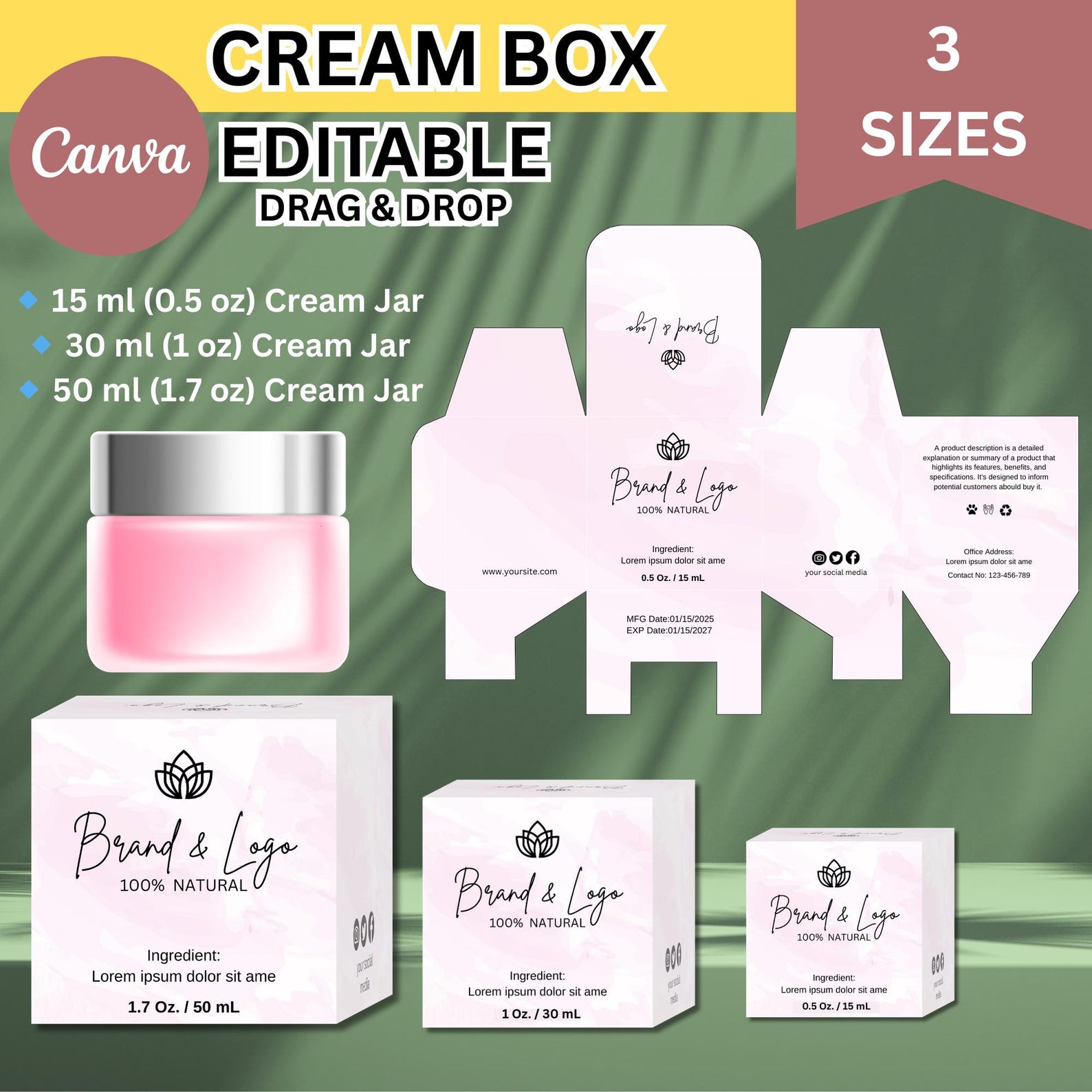 Skincare Cream Box Template for Canva, Editable Packaging Box Template ...