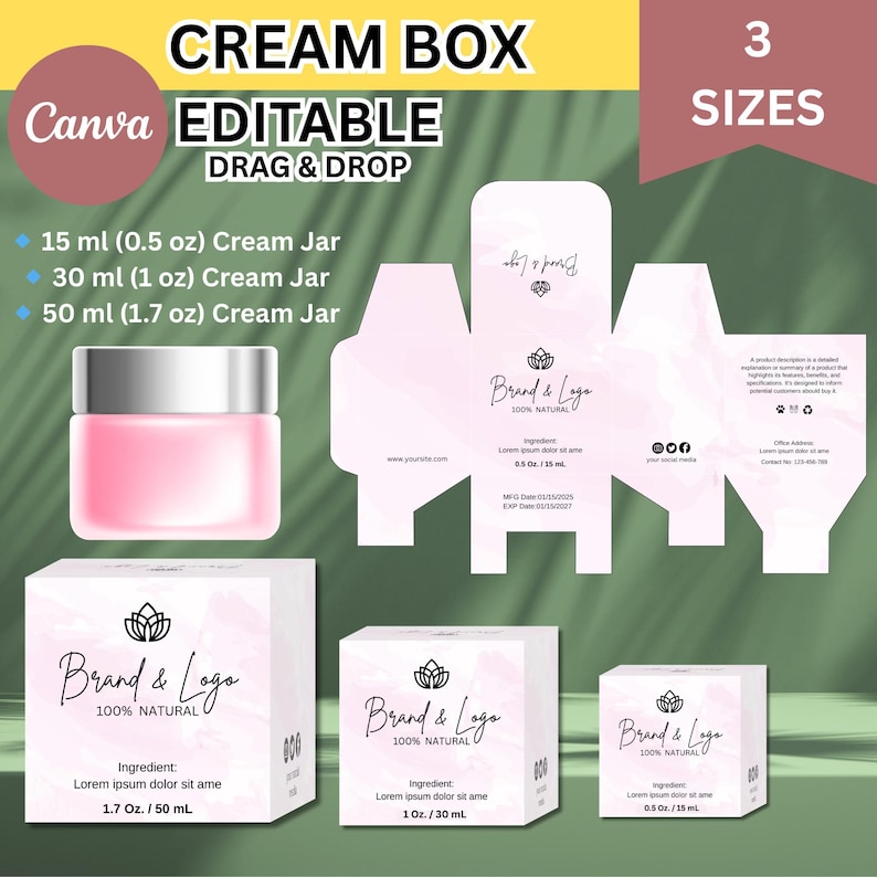 Skincare Cream Box Template for Canva, Editable Packaging Box Template ...