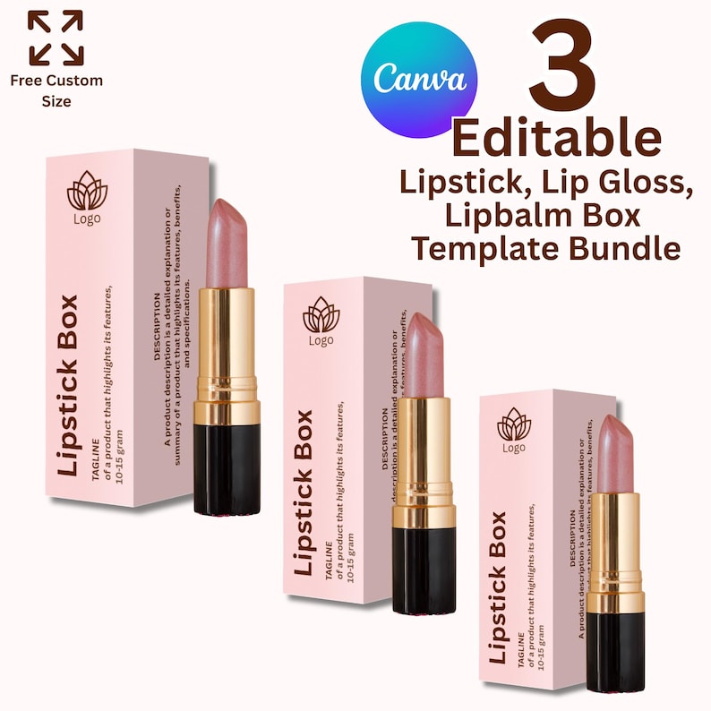 Editable Lipstick Packaging Box Template for Canva, Custom Lip Gloss ...