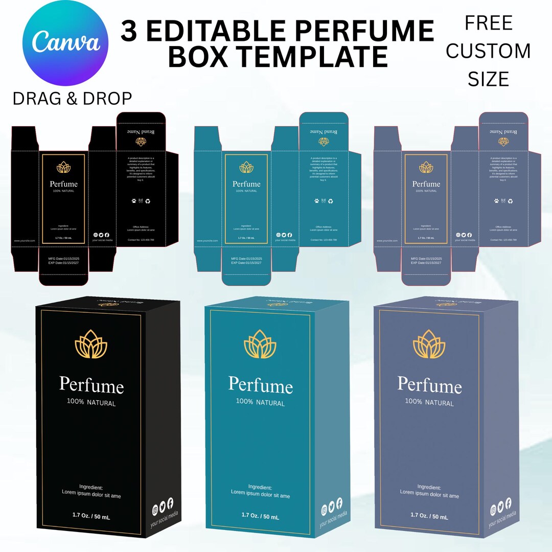 3 Editable Perfume Box Template for Canva, Custom Business Branding Box ...