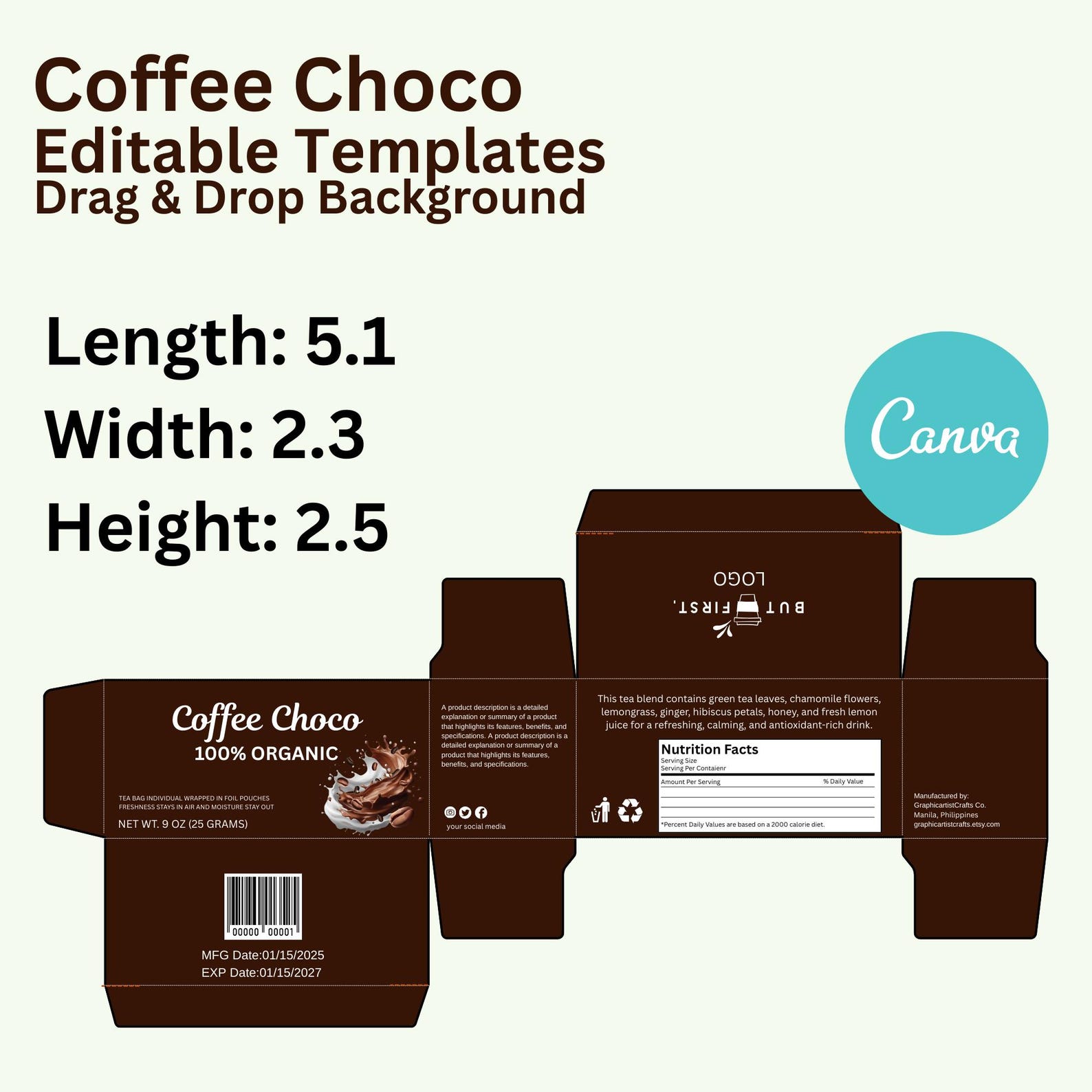 Editable Coffee Box Template Canva, Printable Product Packaging, Custom ...