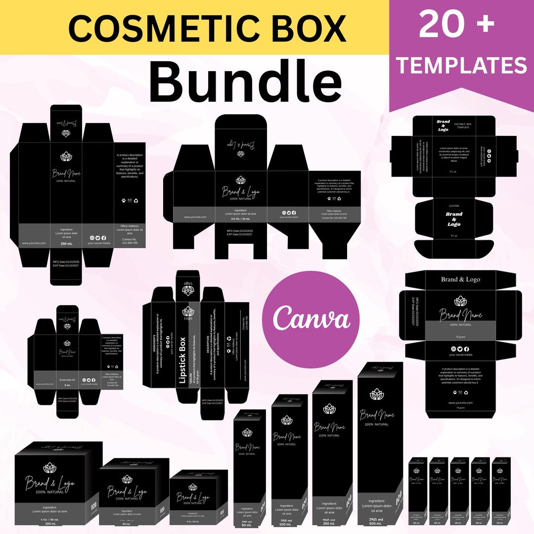 Editable Cosmetic Packaging Box Bundle Template for Canva, Custom ...