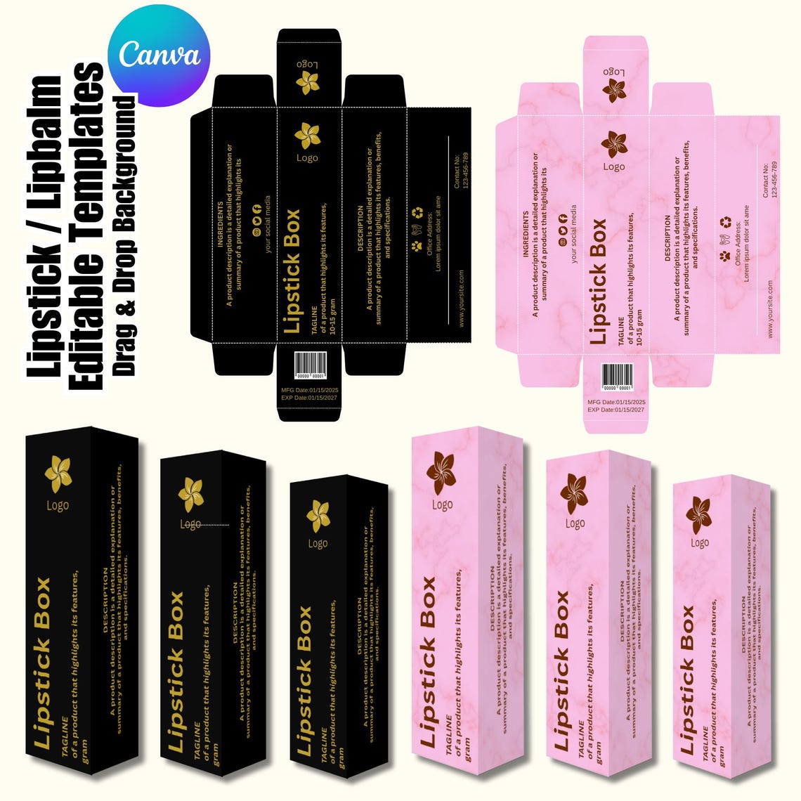 Editable Lipstick Packaging Box Template for Canva, Custom Lip Gloss ...
