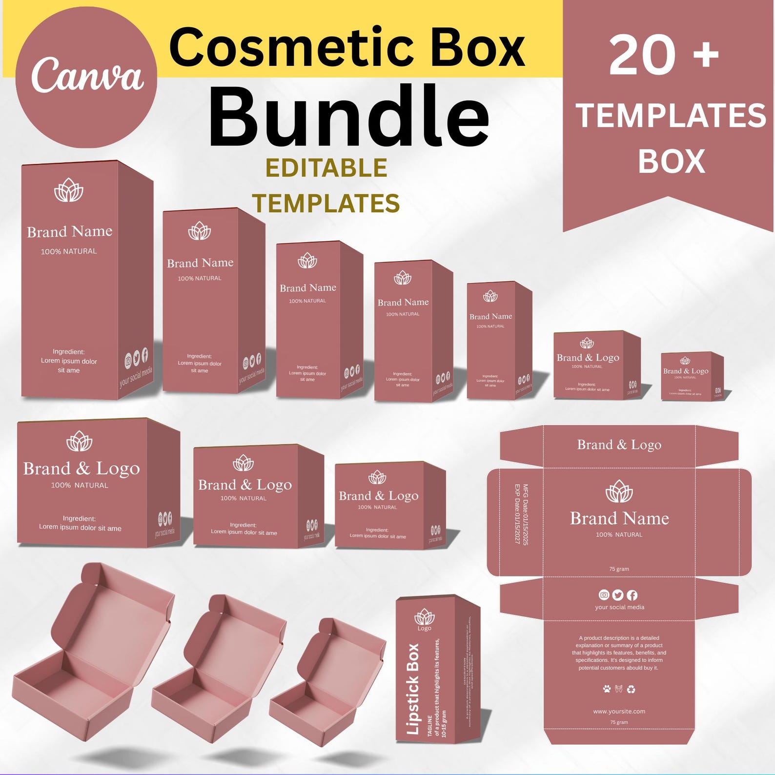 Cosmetic Packaging Box Template for Canva, Editable Skincare Product ...