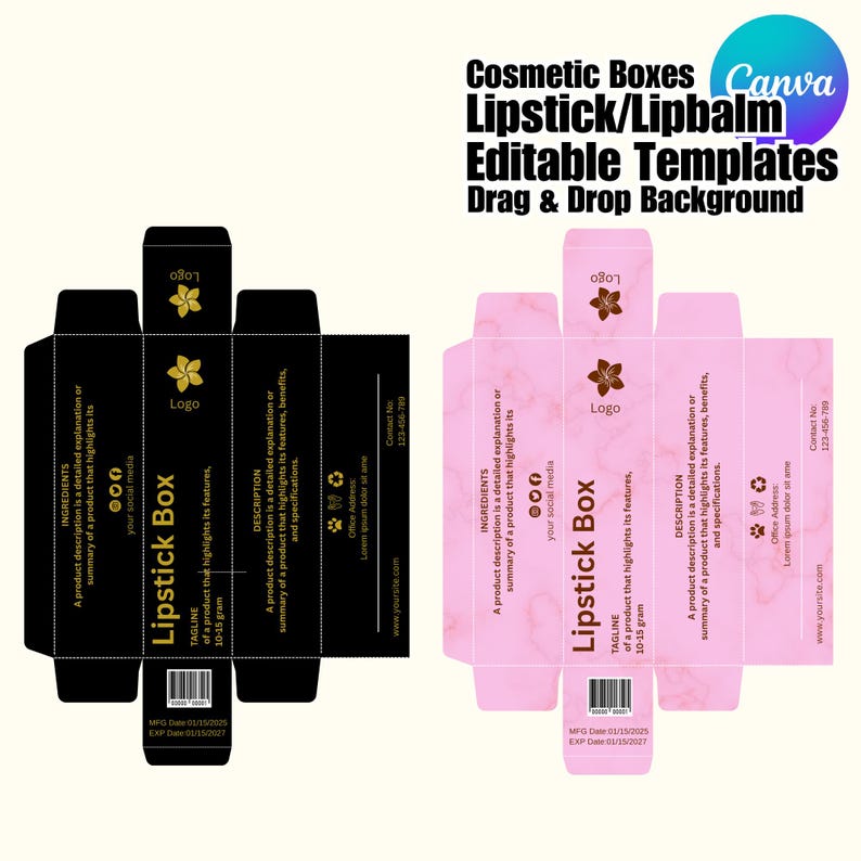 Editable Lipstick Packaging Box Template for Canva, Custom Lip Gloss ...