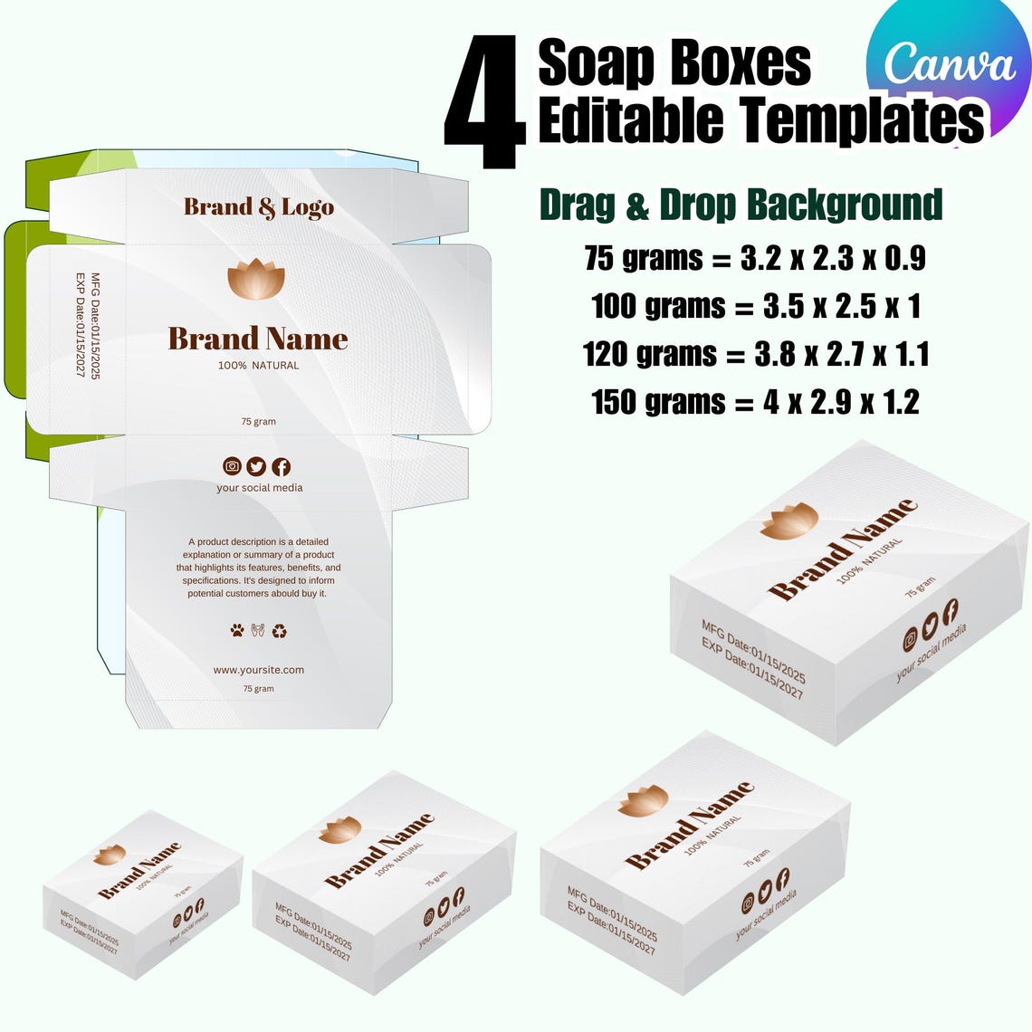 Rectangular Soap Box Template for Canva, Editable Unique Soap Packaging ...