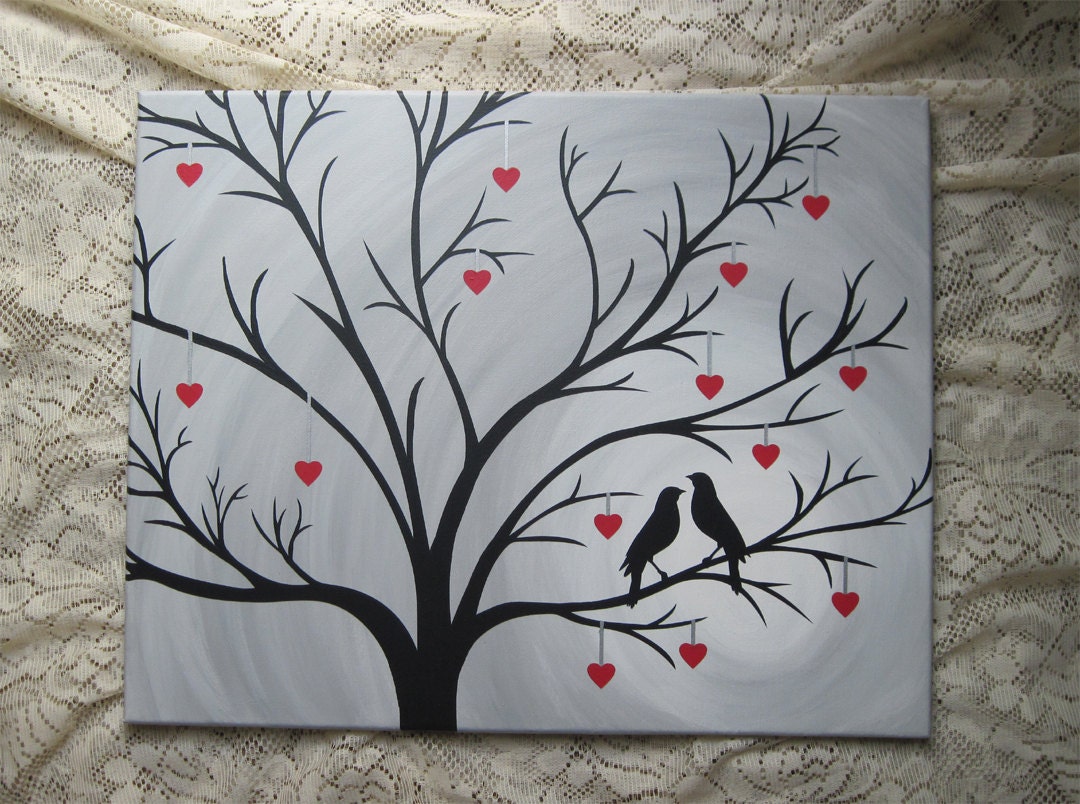 Custom Painted Canvas Art Tree Silhouette Love Birds Hearts, Hand ...