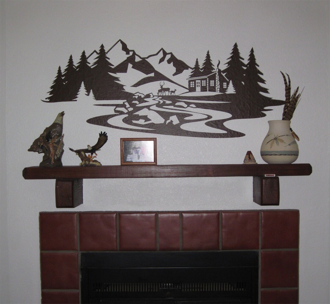 Nature Wall Decal Mountain Cabin Stream With Deer, Rustic Farmhouse ...