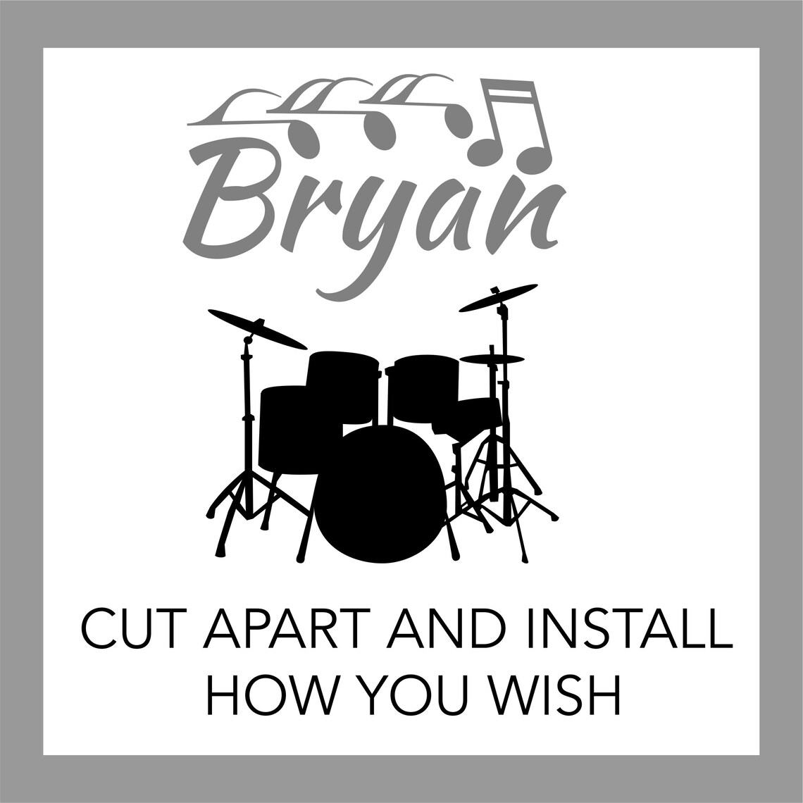 Custom Name Decal Drum Set Silhouette Music Notes, Teen Bedroom Vinyl ...