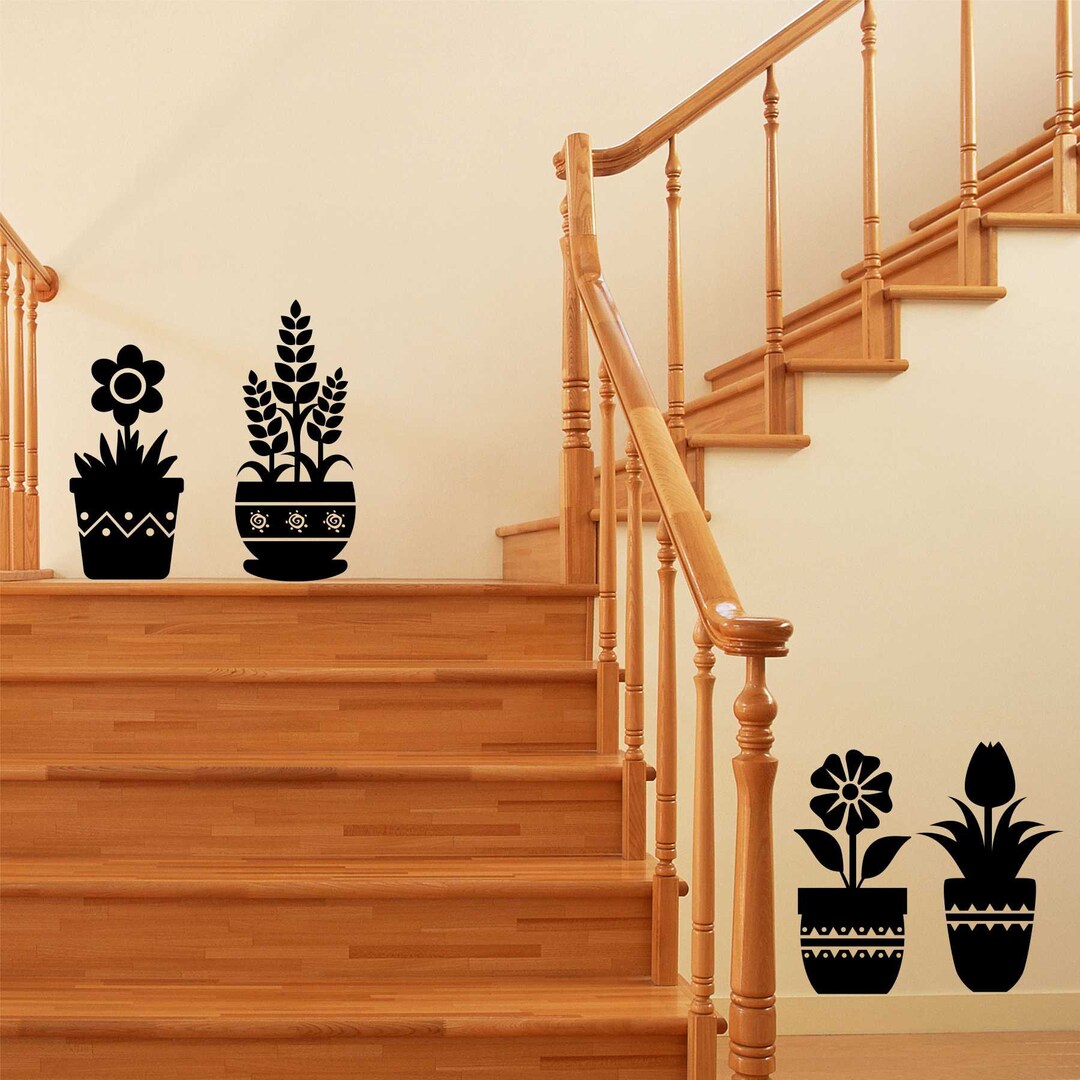 Farmhouse Wall Decal Flower Pot Silhouettes, Potted Flower Vinyl Wall ...