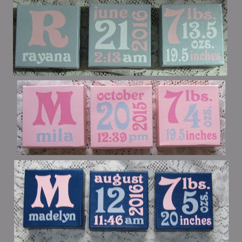 Custom Baby Birth Announcement Canvas Blocks, Hand Painted Nursery ...