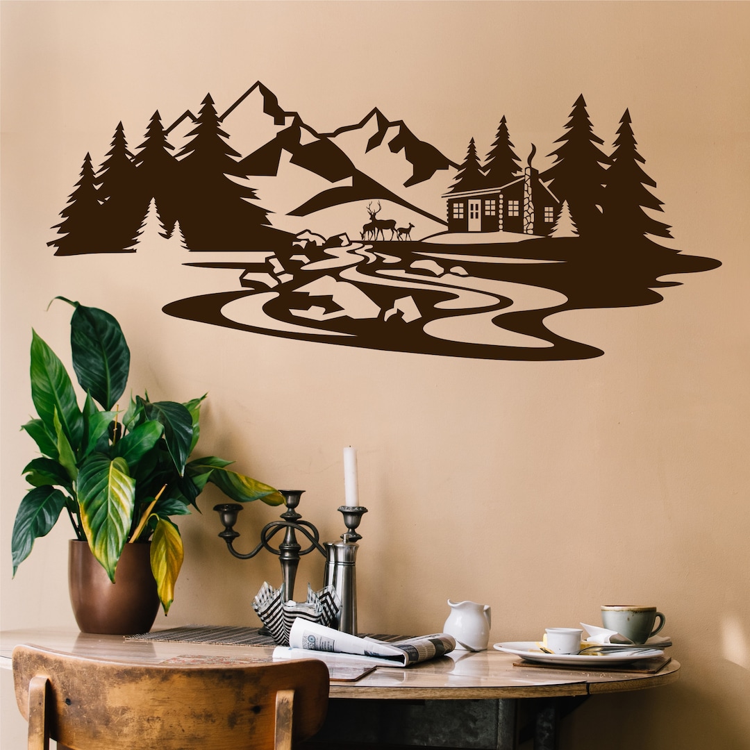 Nature Wall Decal Mountain Cabin Stream With Deer, Rustic Farmhouse ...