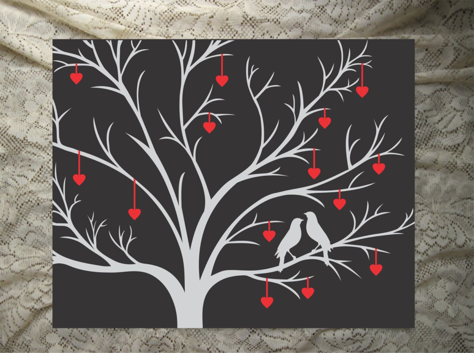 Custom Painted Canvas Art Tree Silhouette Love Birds Hearts | Etsy