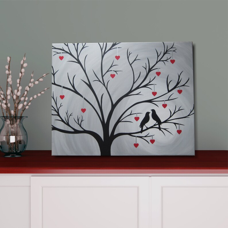 Custom Painted Canvas Art Tree Silhouette Love Birds Hearts - Etsy