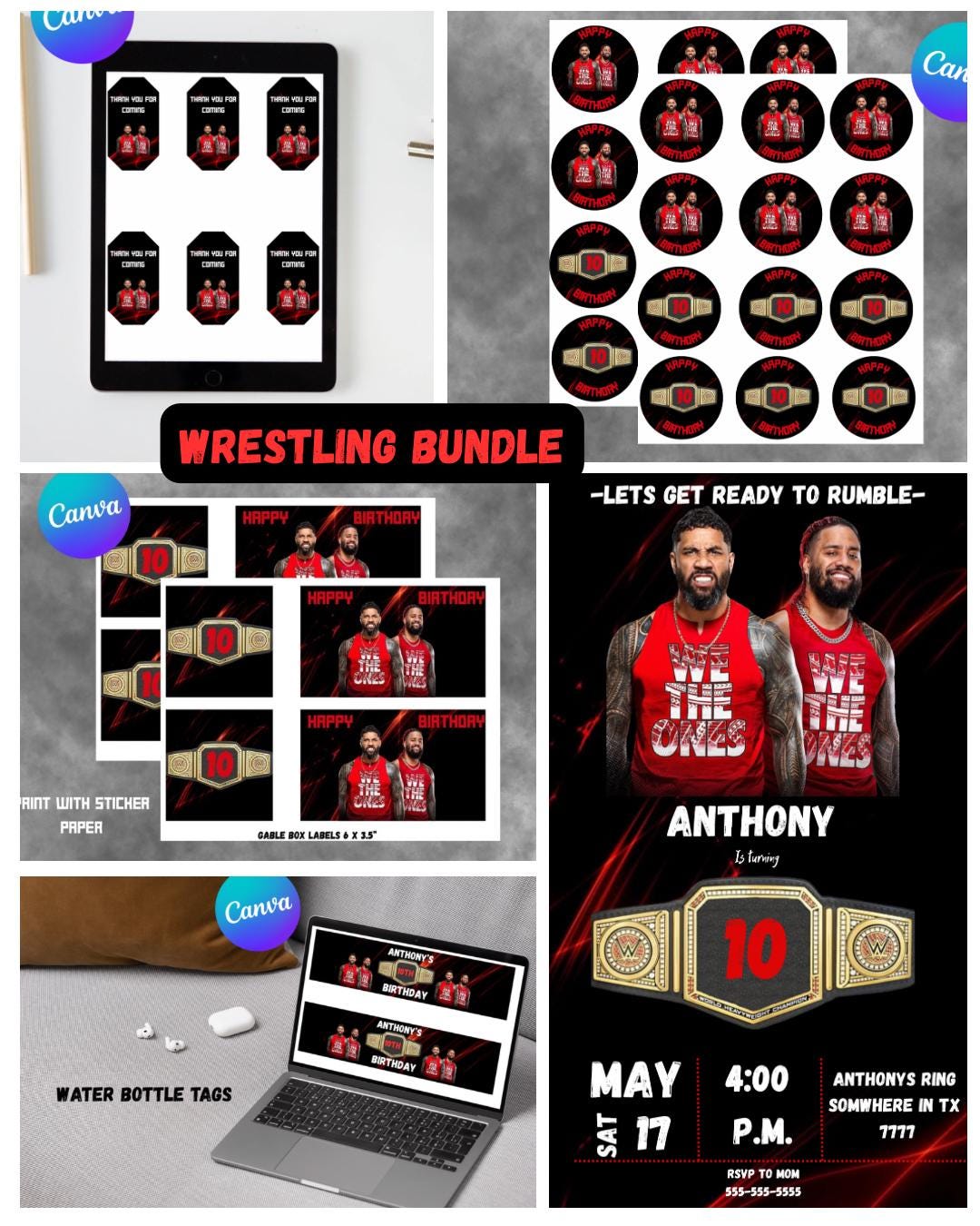 WWE Birthday Party Invitation: Editable Canva Template (digital File ...