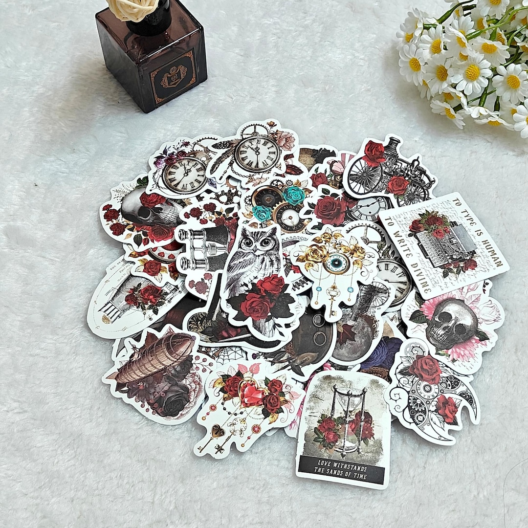 Vintage Gothic Rose Stickers Set of 50 – Red Flower Skull Clock Gear ...