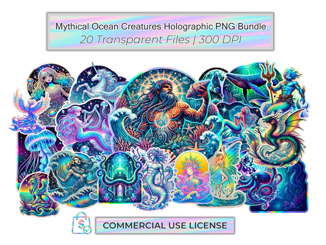 Mythical Ocean Creatures Holographic PNG Bundle | 20 Transparent 300 ...