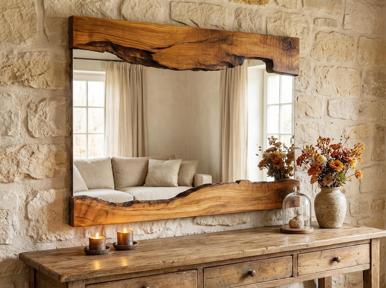 Live Edge Wall Mirror, Olive Wood Handmade Frame, Natural Finish ...