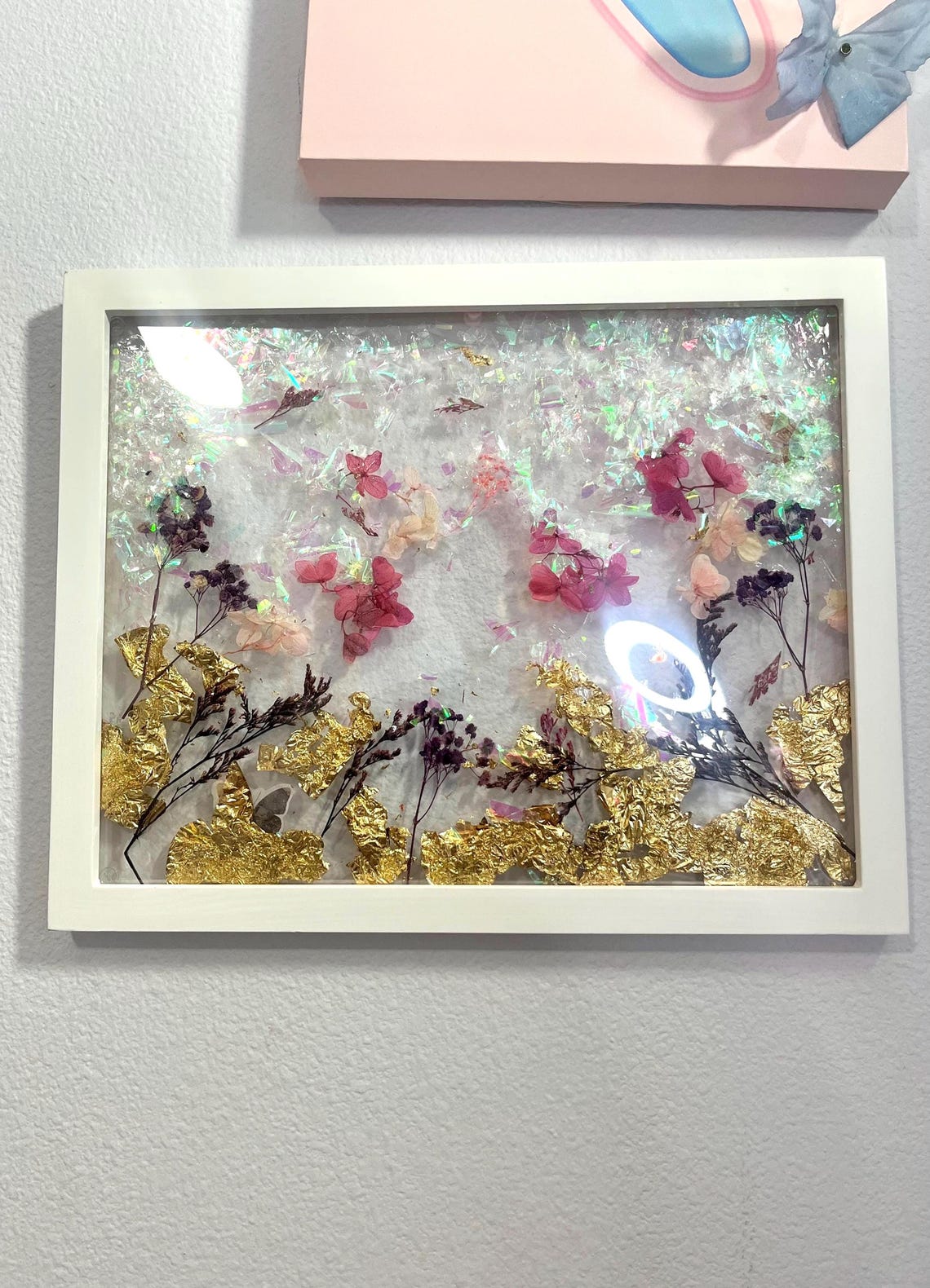 Handmade Pressed Flower Shadow Box: Gold Leaf, Dried Blooms, White ...
