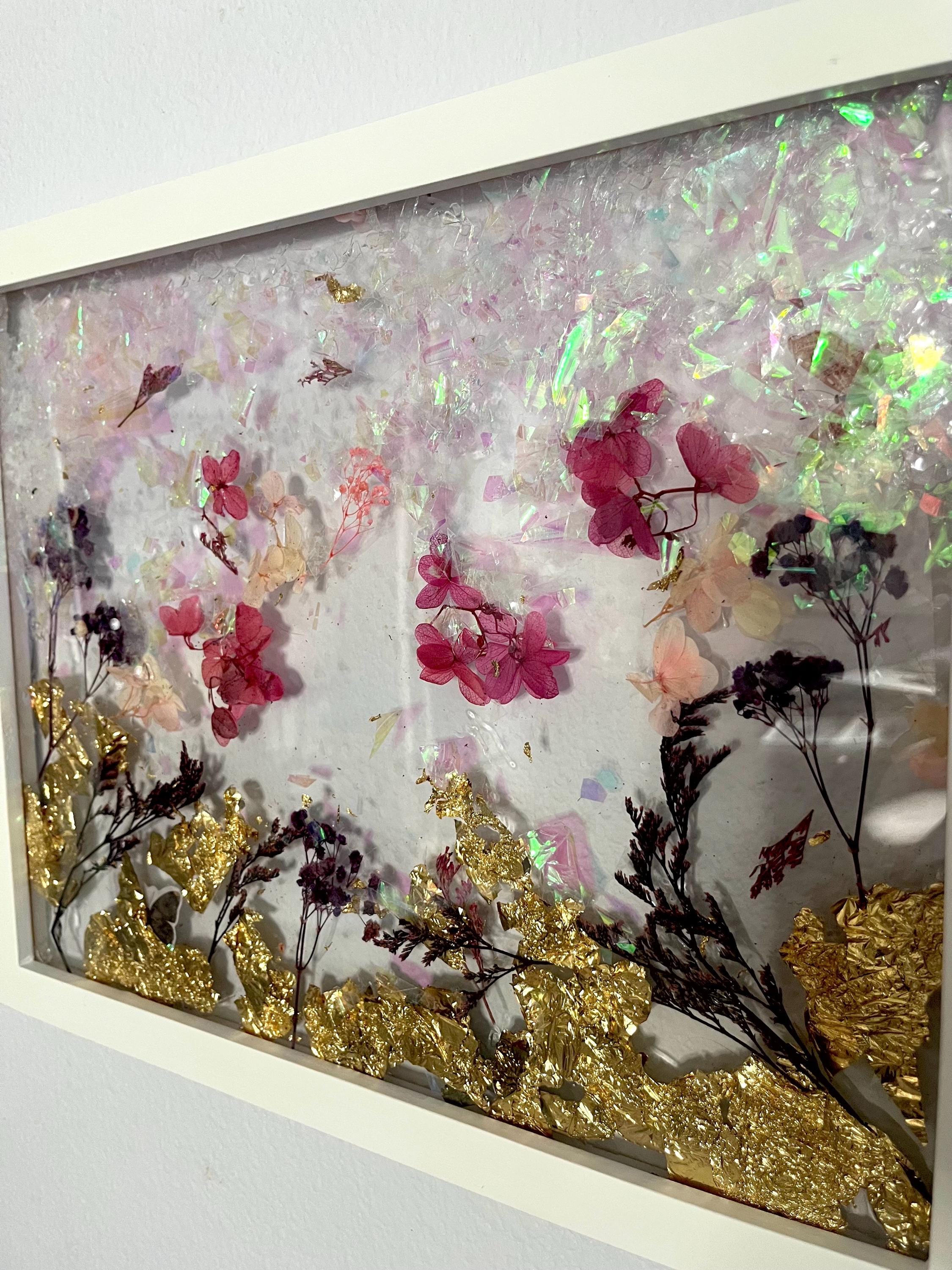 Handmade Pressed Flower Shadow Box: Gold Leaf, Dried Blooms, White ...