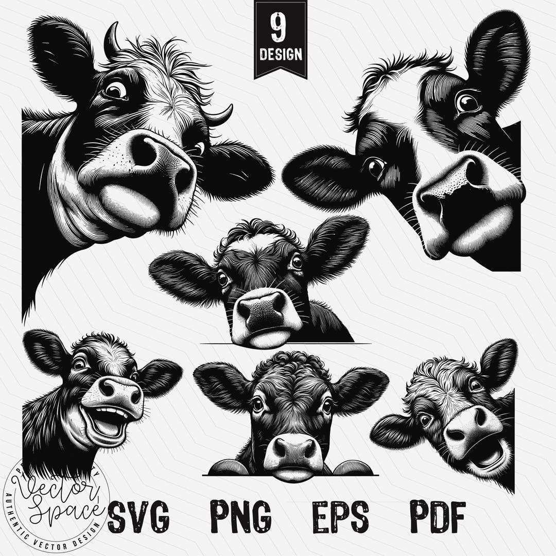 Peeking Cow SVG, Funny Cow Face SVG Bundle - Black and White Line Art ...