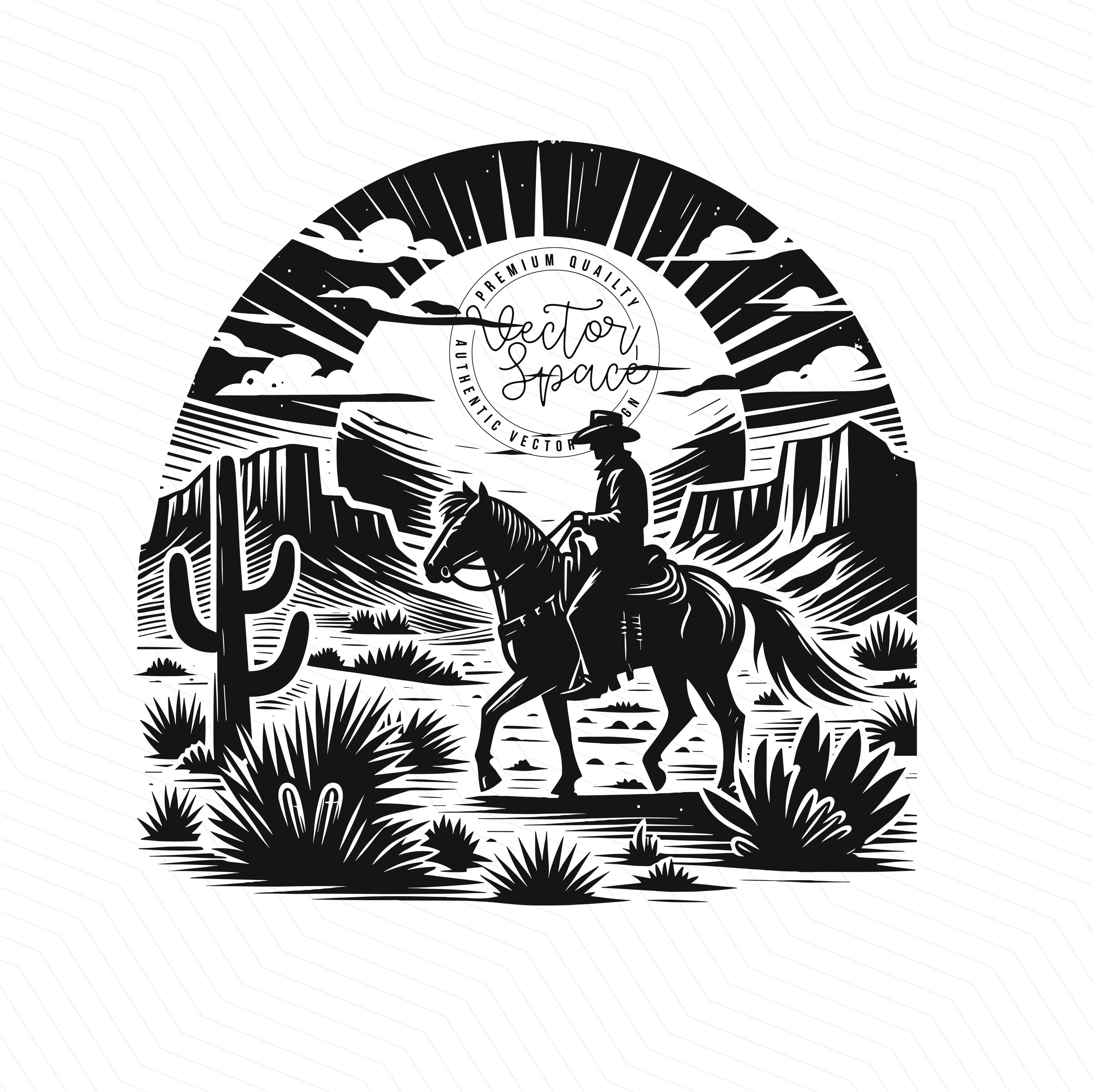 Western Cowboy Illustration Vector, Cowboy Riding Horse, Cowboy Scene ...