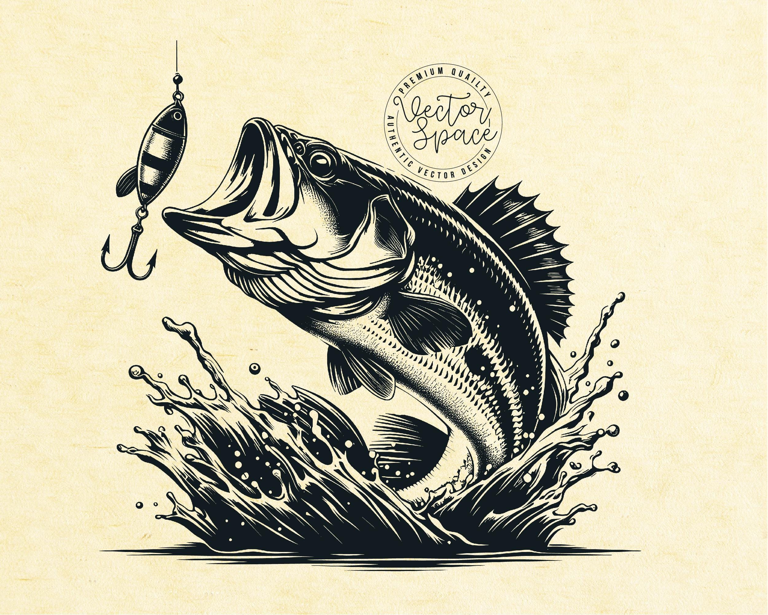 Bass Fishing SVG, Jumping Fish Clipart, Fishing Lure Vector Engraving ...