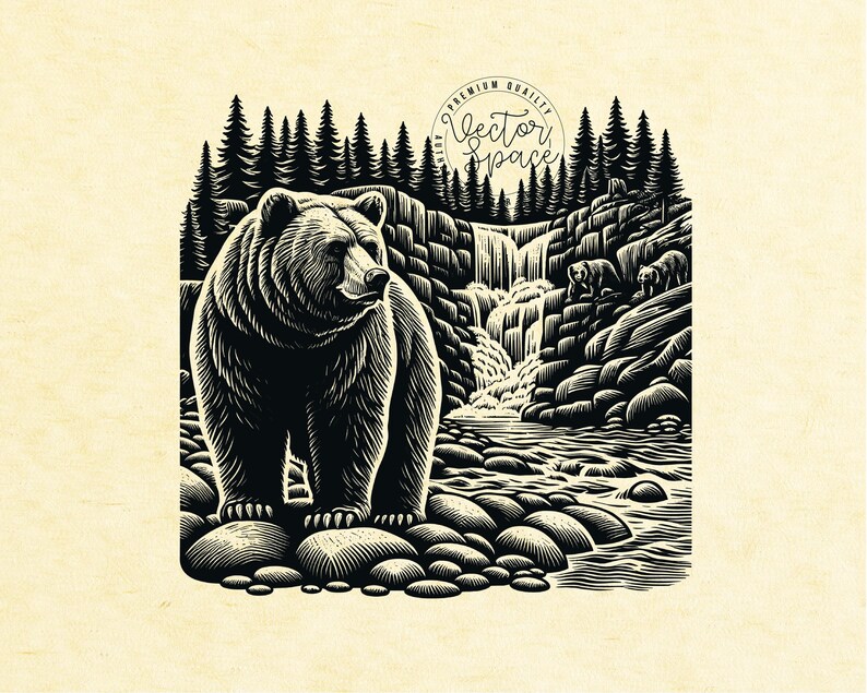 Bear Illustration Vector, Waterfall Bear SVG, Mountain Bear, Bear Head ...