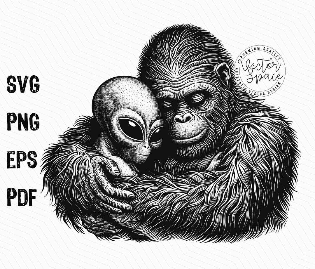 Bigfoot and Alien SVG, Bigfoot Hugging Alien SVG, Bigfoot Alien ...